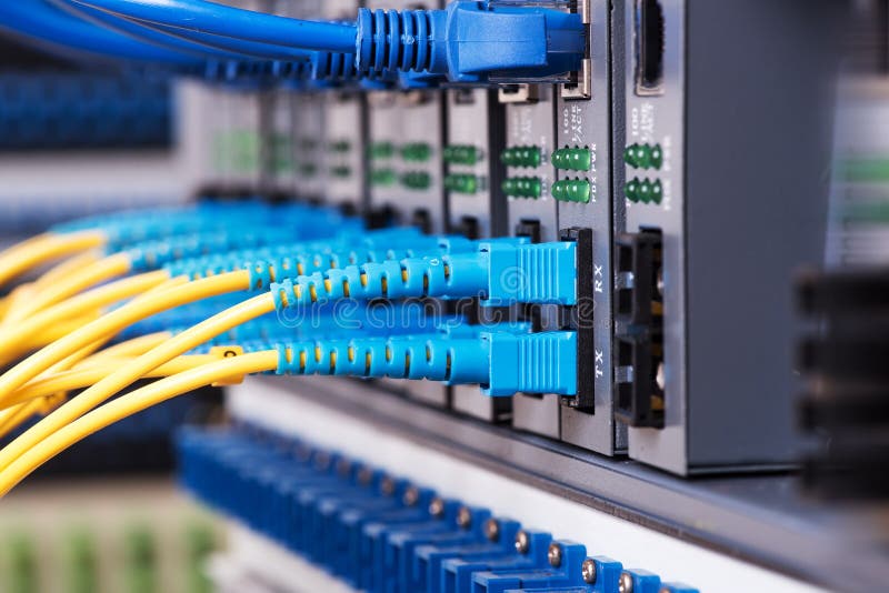 Fiber Optic Cables Connected To An Optic Ports Stock Image - Image of ...