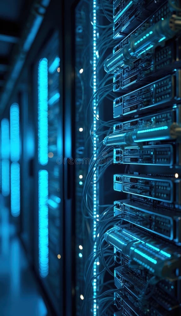 Fiber Optic Cables Connected To Servers in a Data Center. Modern Tech with Glowing Blue Light ...