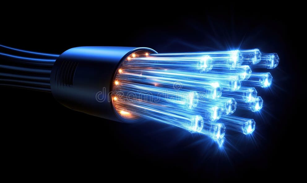 Fiber Optic Cables Emitting Blue Light in a Dark Background for ...