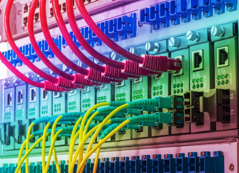 Fiber Optic Cables and UTP Network Cables Connected Hub Ports. Stock ...