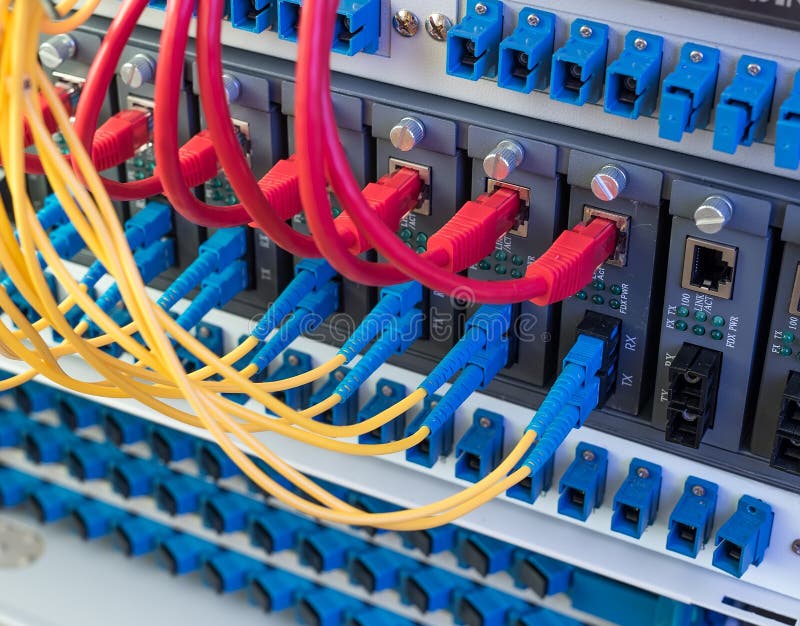 Fiber Optic Cables and UTP Network Cables Connected Hub Ports. Stock ...