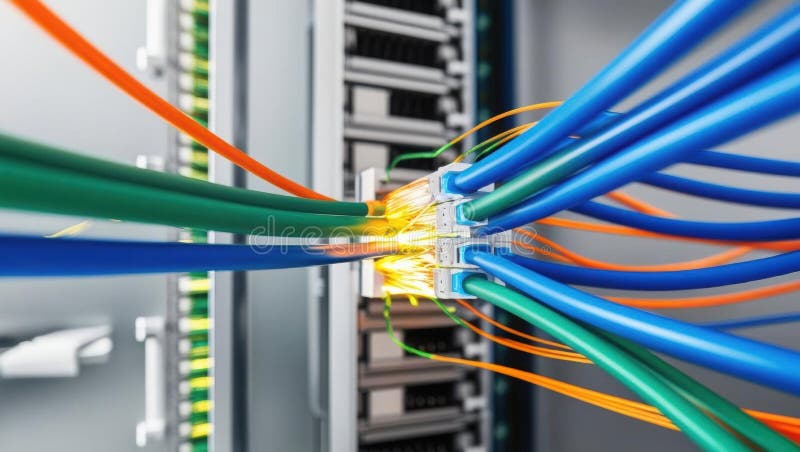Fiber Optic Connections Showcase Dynamic Signal Flow with Vibrant Data ...