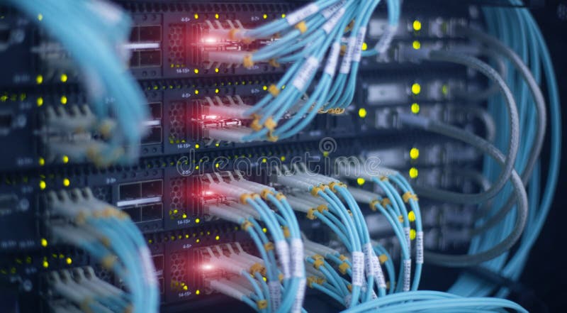 Fiber Optic and Hub. Blue Cables and Red Glow Stock Image - Image of ...