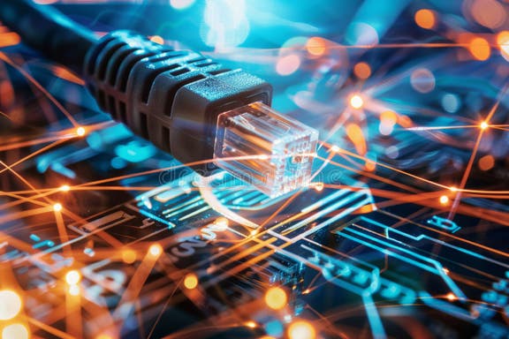 Fiber Optic Network Cables Connected on Circuit Board with Neon ...