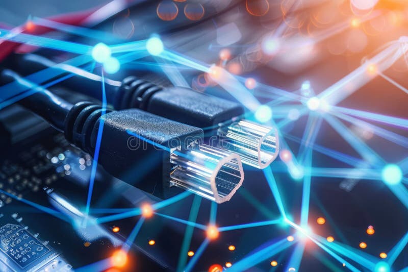 Fiber Optic Network Cables Connected on Circuit Board with Neon ...