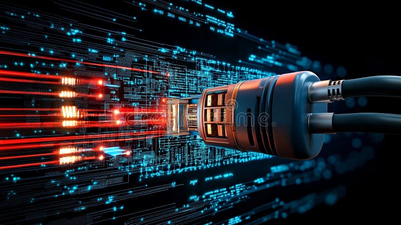 Fiber Optic Plug Connector with Glowing Light Trails on Dark Background ...