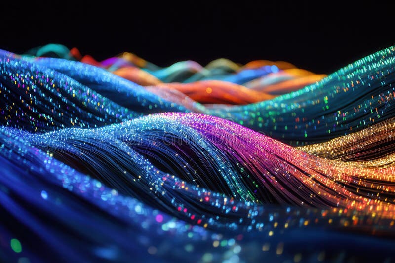 Fiber Optic Cables Creating Colorful Waves of Light in the Dark Stock ...