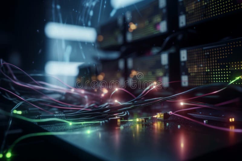 Fiber Optic Wires with LED Lights in Server Rack Stock Illustration ...