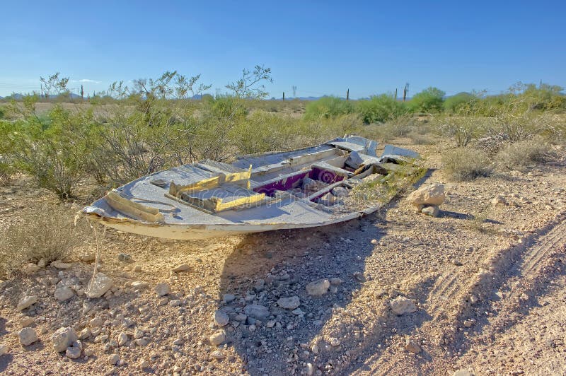 Boat Abandoned in the Arizona Desert Stock Photo - Image of trash, aged ...