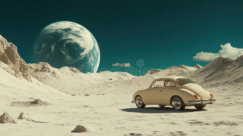 A Fictional Car Driving on a Moon Like Surface with an Earth in the ...