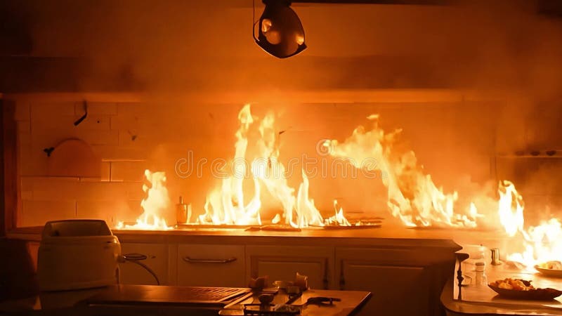 A Fictional Fire Quickly Spreads through a Kitchen Stock Video - Video ...