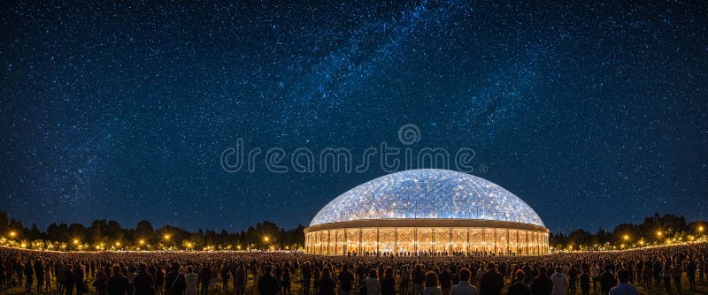 Fictional, Large Domed Structure with a Crowd of People Under a Starry ...