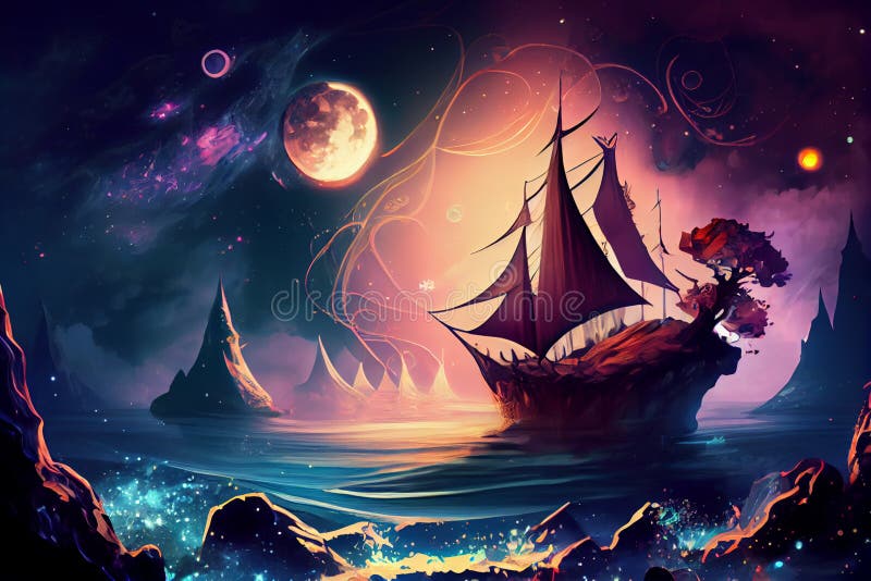 Fictional Magical World with an Island in the Form of a Ship in Middle ...