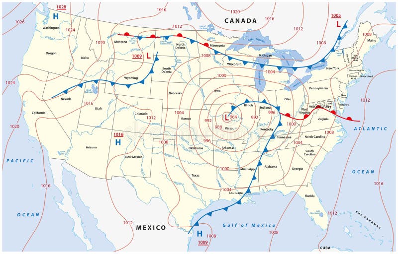 Fictional Map of North America with Isobars and Weather Fronts ...
