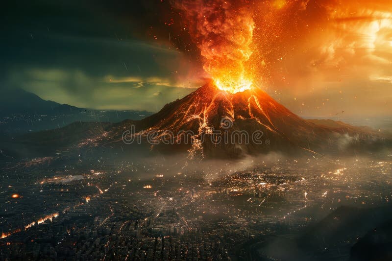 Fictional View of a Volcanic Eruption Near a City Stock Illustration ...