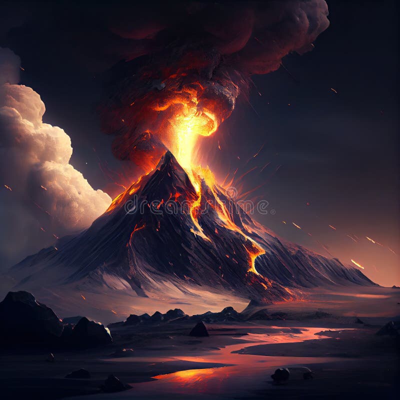 Fictional Volcano in Full Eruption. Stock Illustration - Illustration ...