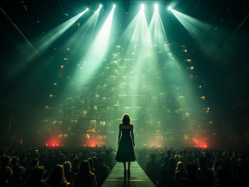 Fictional Woman on Stage in Green and Red Spotlight with Her Back in ...