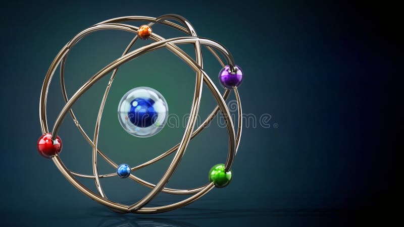 Fictitious Atom Model with Core and Orbiting Spheres. 3D Illustration ...