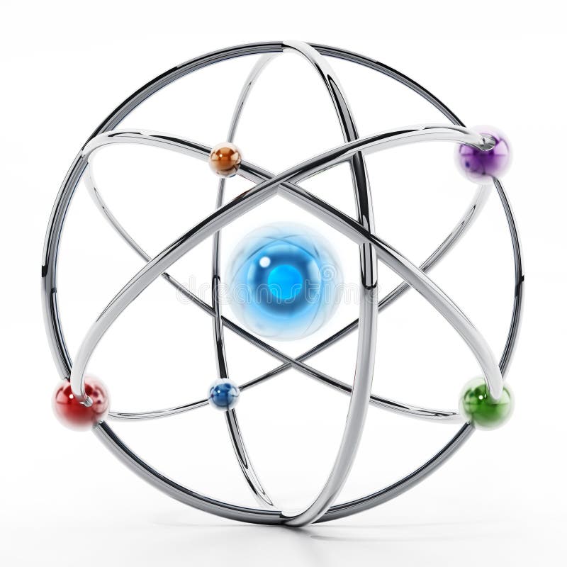 Fictitious Atom Model with Core and Orbiting Spheres. 3D Illustration ...