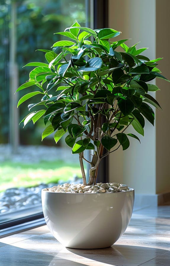 Ficus Benjamina or Ficus Elastica in White Pot on Table in Bright Room ...