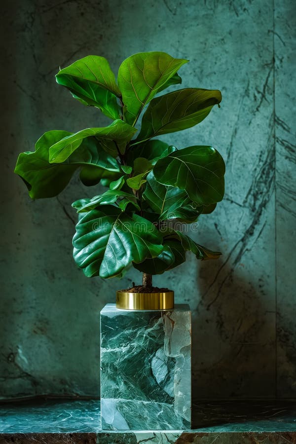 A Fiddle Leaf Fig Tree in a Green Marble Vase on a Table. Generative AI ...