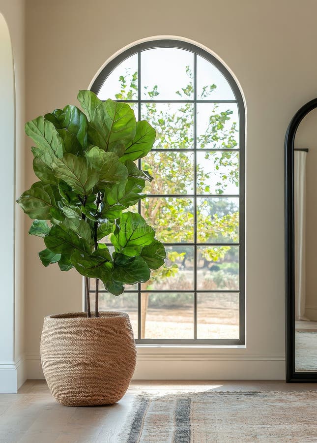Fiddle Leaf Fig Tree in Stylish Indoor Setting with Large Window and ...