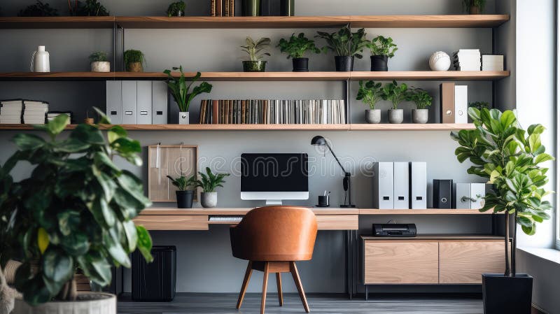 Fiddle office with plants stock illustration. Illustration of greenery ...