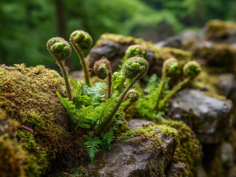 Fiddlehead Ferns Emerging from Mossy Stone Wall Stock Illustration ...