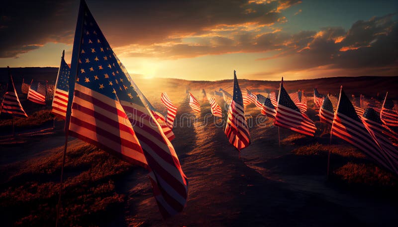 Field of American Flags at Sunset . Generate Ai. Stock Illustration ...