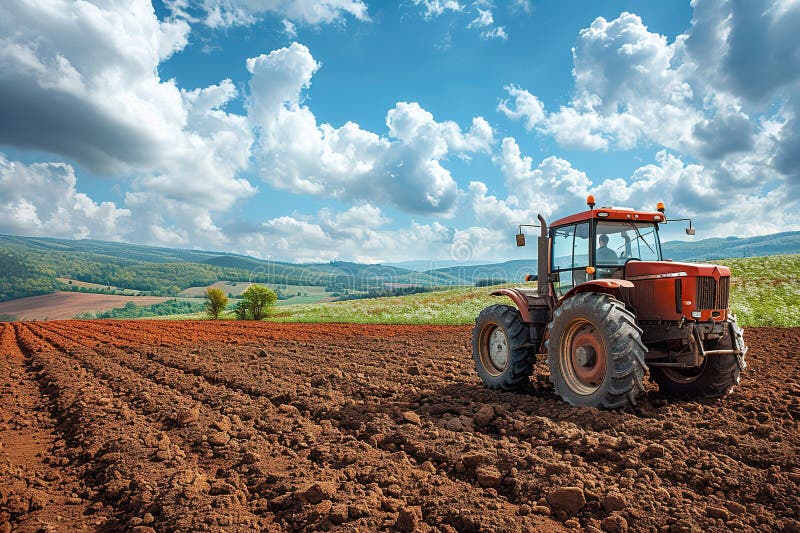 Field Area with Soil Disturbed by a Red Tractor. Farmer S Day Stock ...
