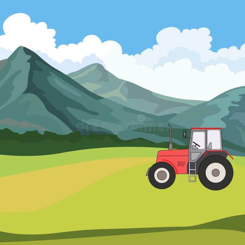 1292 Field, Background, Landscape View with Mountains, Tractor in the ...