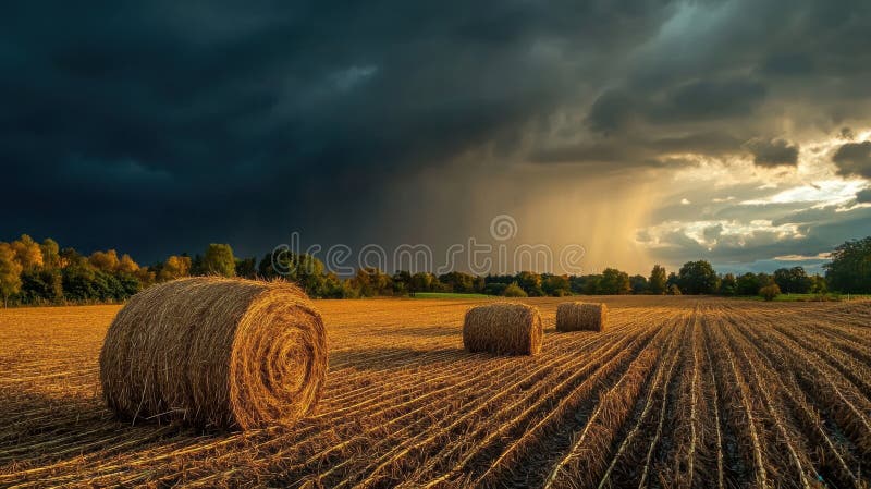 A Field with Bales of Hay Under a Dark Sky, AI Stock Image - Image of ...