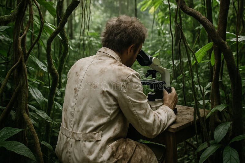 Field Biologist Studying Samples with Microscope in Forest Stock ...