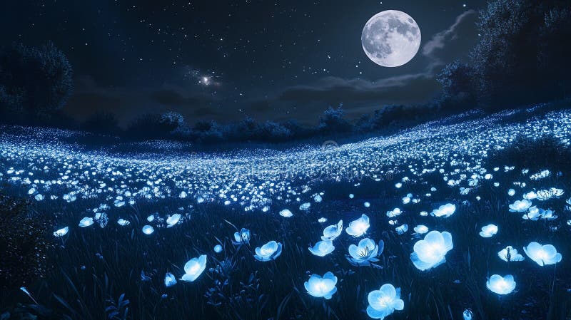A Field of Bioluminescent Flowers Glowing Under the Moonlight Digital ...