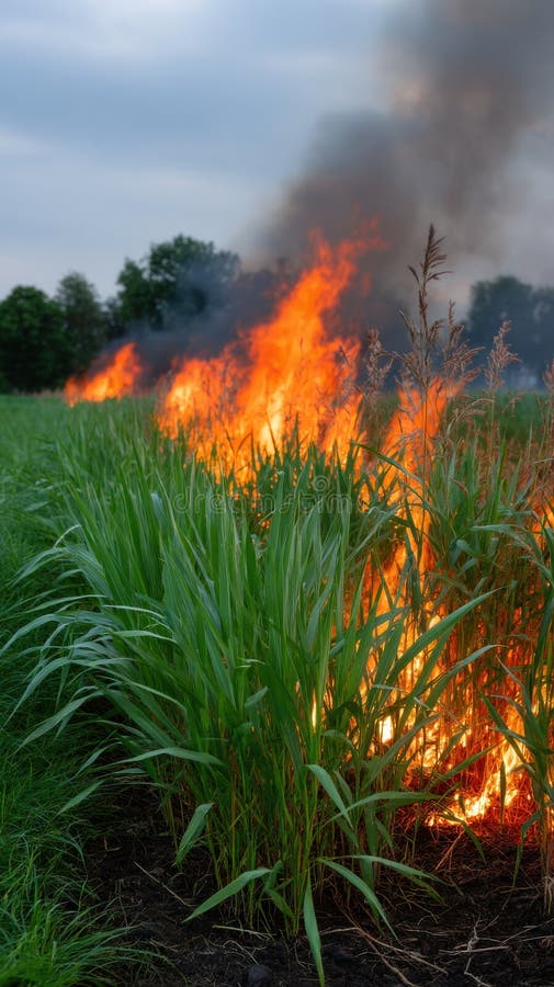 Field Blaze with Tall Grass Burning in Late Evening Stock Photo - Image ...