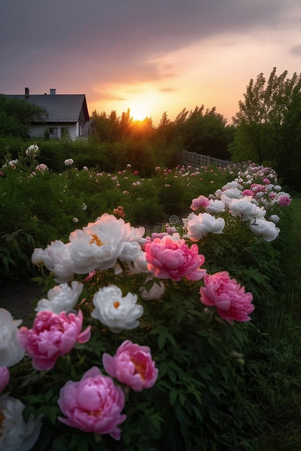 Field of Blooming Peonies at Sunset Stock Illustration - Illustration ...