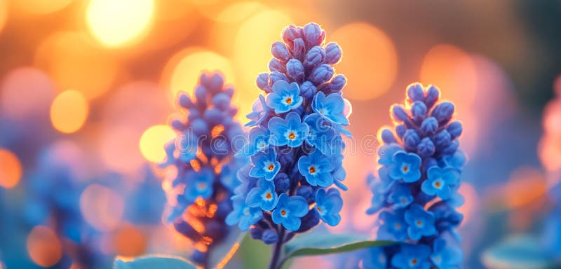 A Field of Blue Flowers with the Sun Shining on Them Stock Image ...