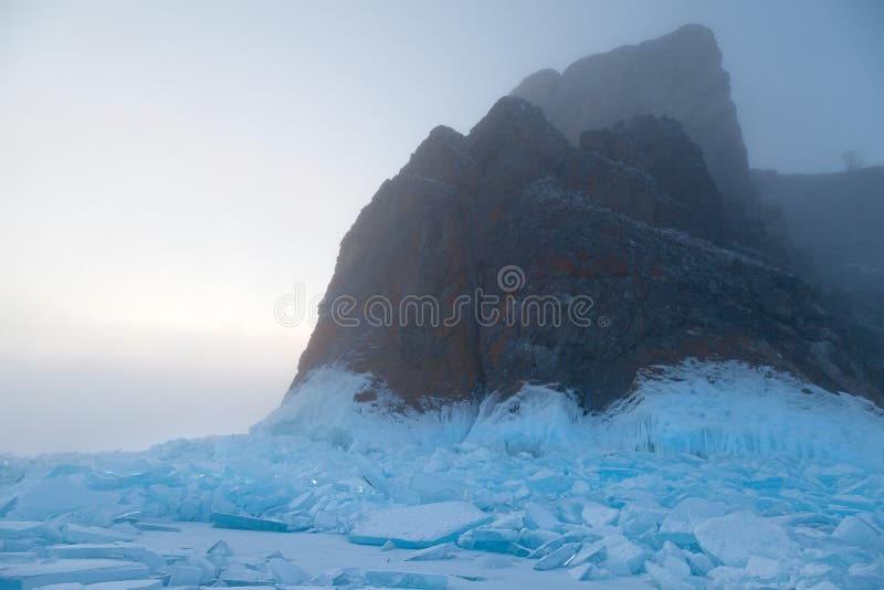 Field of Blue Ice and Rocks in the Fog Stock Image - Image of climate ...