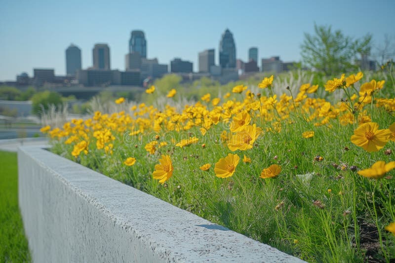 A Field of Bright Yellow Flowers in Front of a Modern City Skyline ...