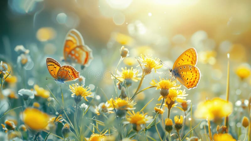 Field of Bright Yellow Flowers Surrounded by Butterflies in Flight ...