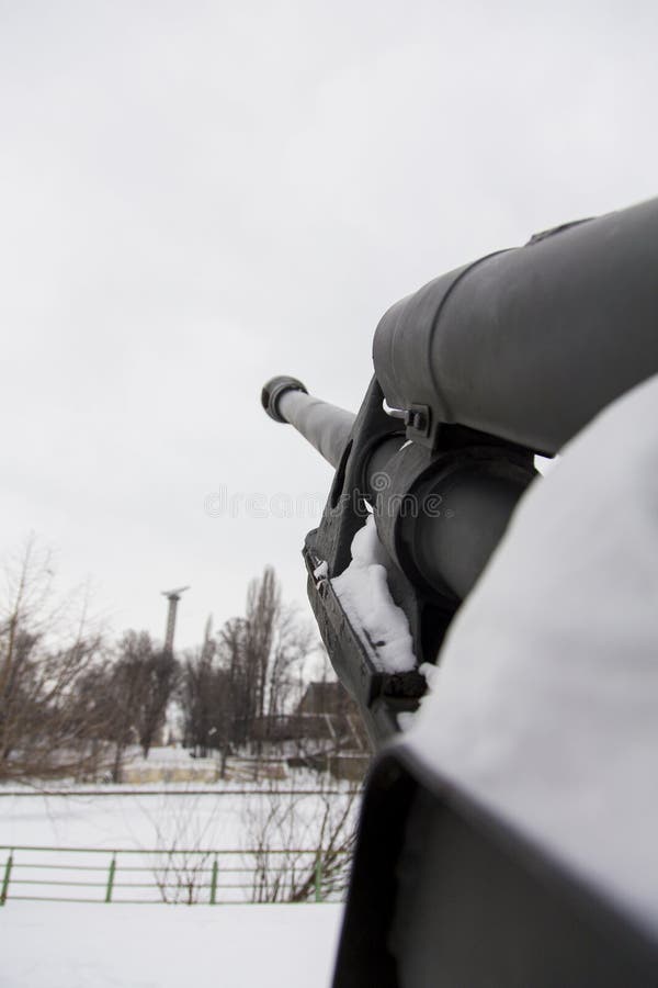 Field Gun Covered with Snow Aiming To the Sky Stock Image - Image of ...