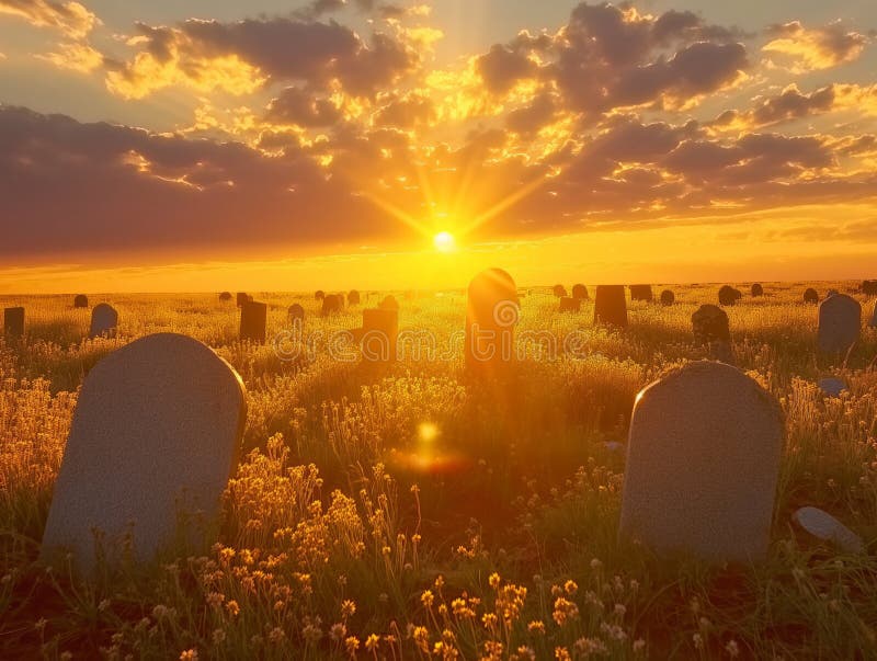 A Field of Cemeteries with a Sun Shining on the Graves Stock Image ...