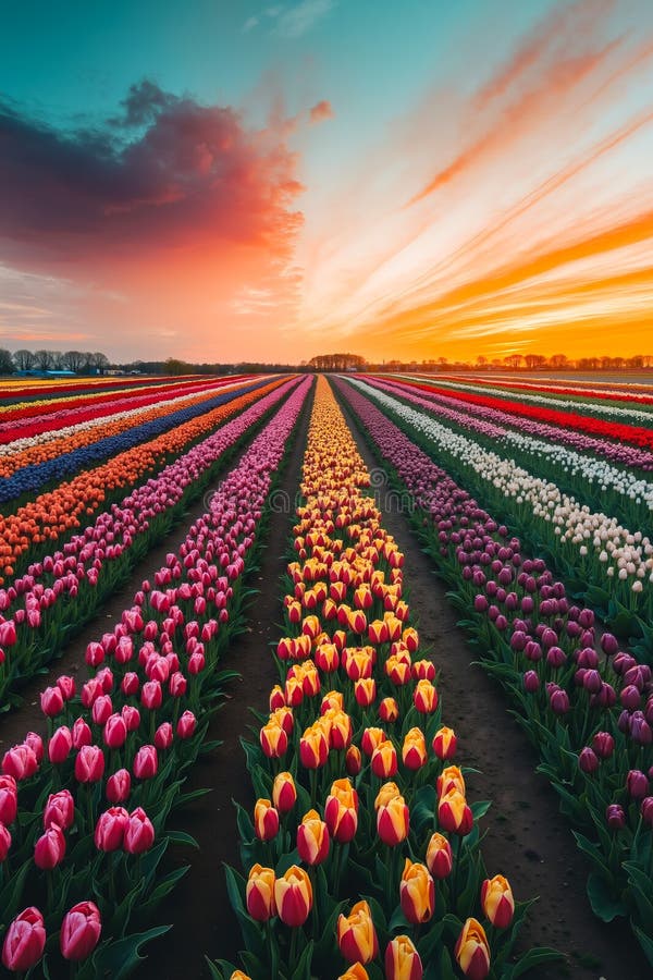 A Field of Colorful Tulips in the Middle of a Field at Sunset Stock ...
