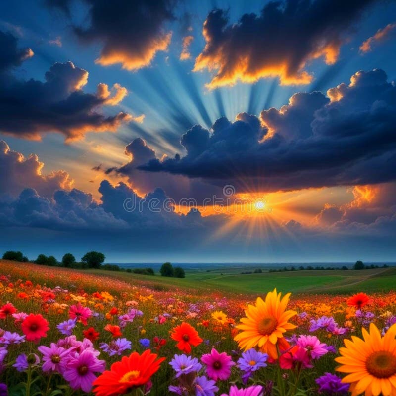 A Field of Colourful Flowers in the Foreground, with a Dramatic Sunset ...