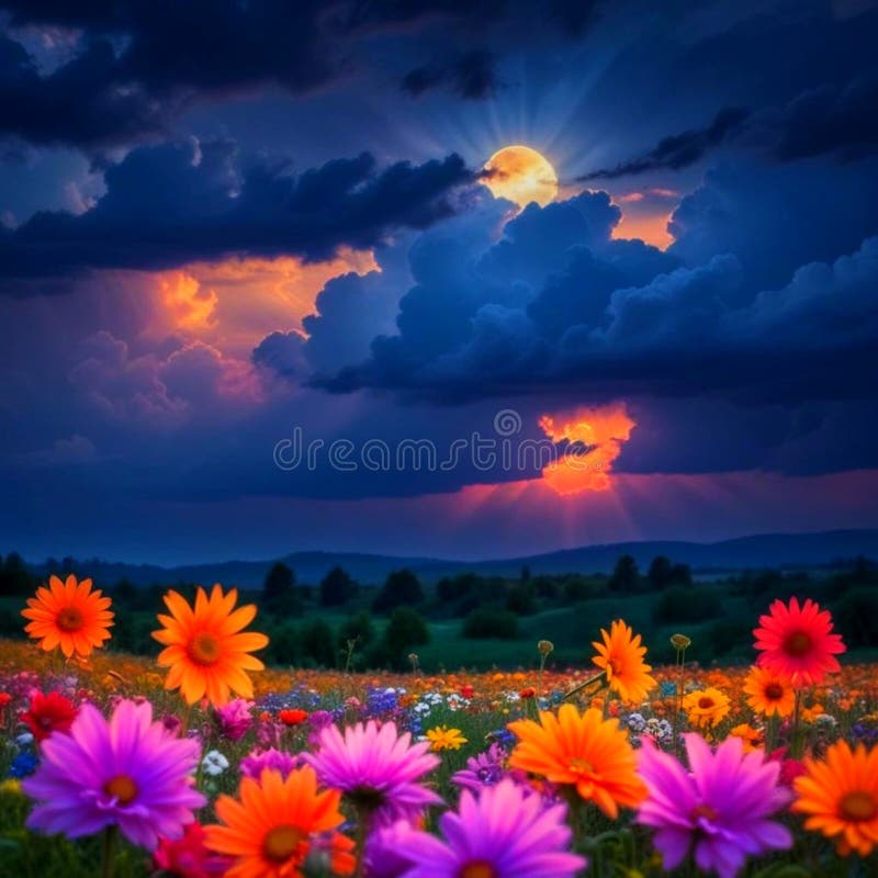 A Field of Colourful Flowers in the Foreground, with a Dramatic Sunset ...