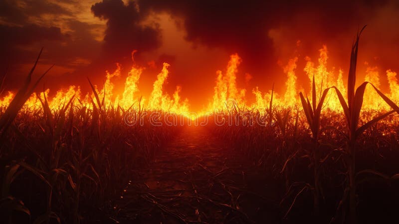 A Field of Corn on Fire with the Sun Setting in the Background Stock ...