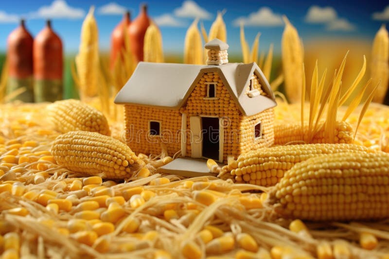 A Field of Corn Kernels with a Barn Made from Whole Grain Bread Stock ...