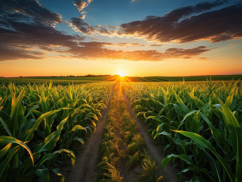A Field of Corn in the Rays of the Setting Sun. Modern Agricultural ...