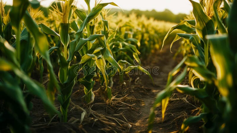 Field of Corn is Shown with the Sun Shining through the Corn Stalks ...