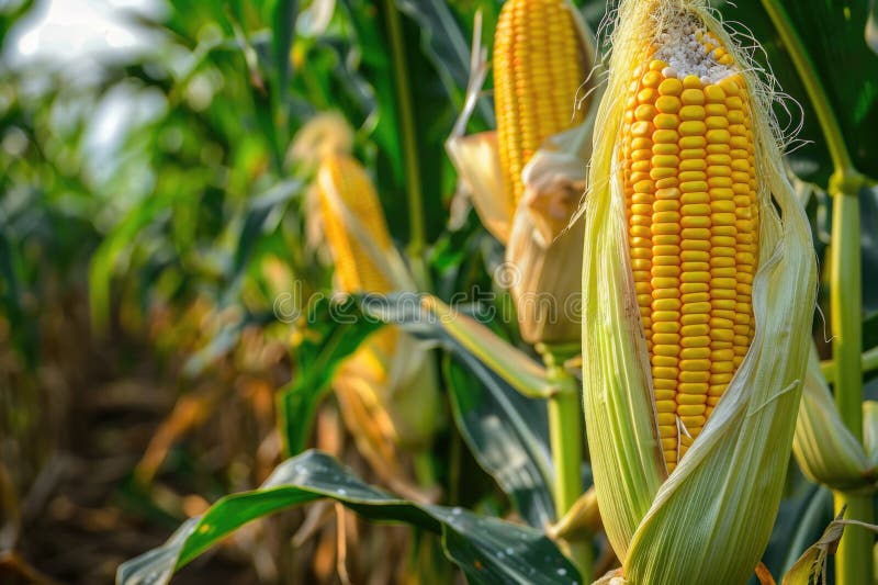Field of Corn with Stalk of Corn in Foreground Stock Photo - Image of ...